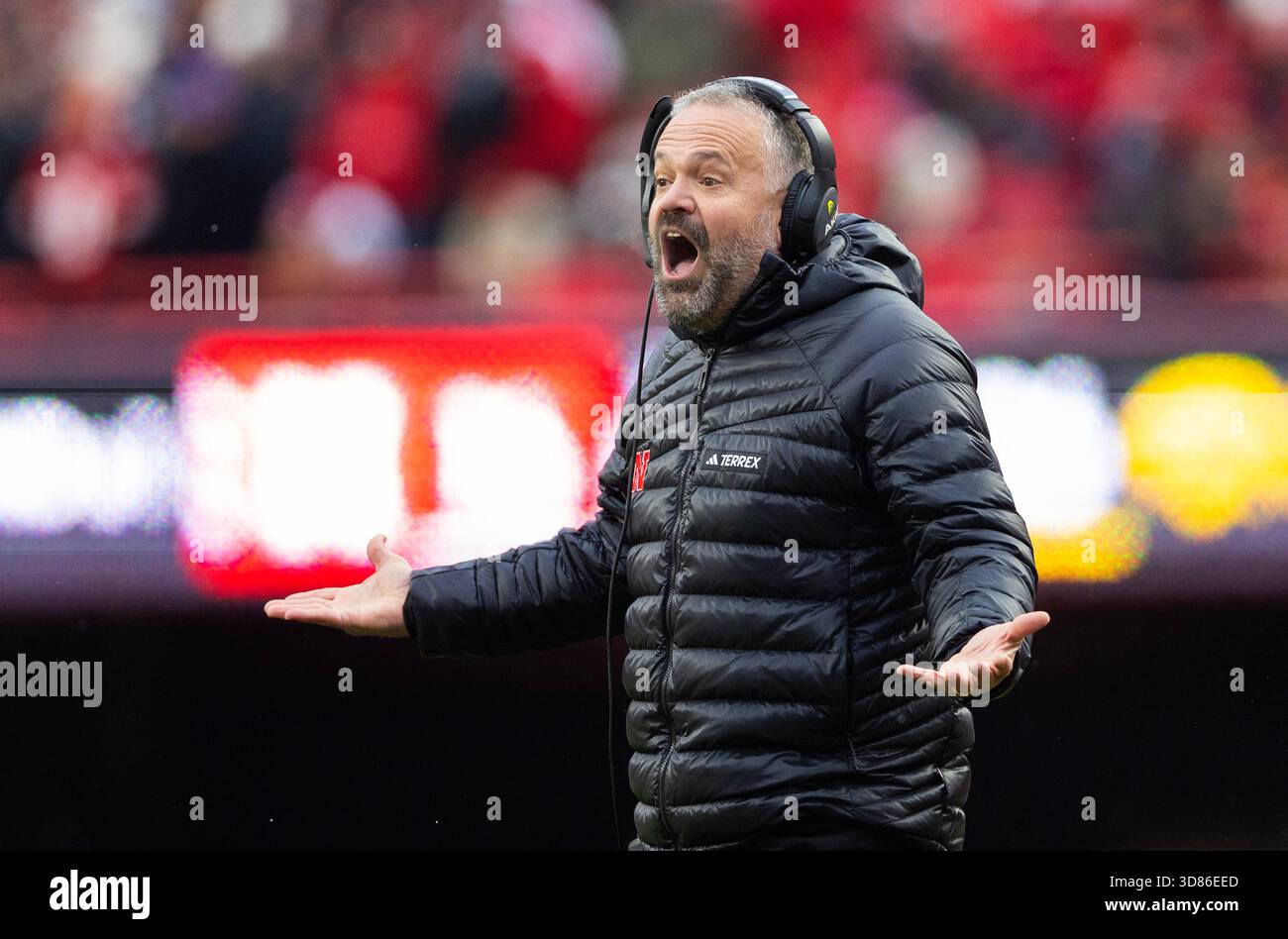 Nebraska head coach Matt Rhule questions a penalty called against his ...