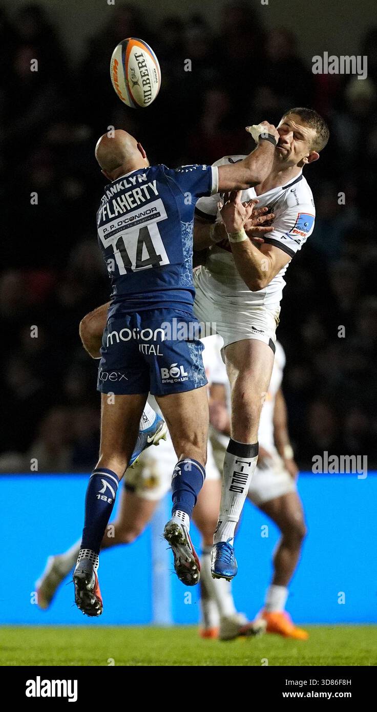 Sale Sharks' Tom O'Flaherty jumps for a high ball with Exeter Chiefs ...