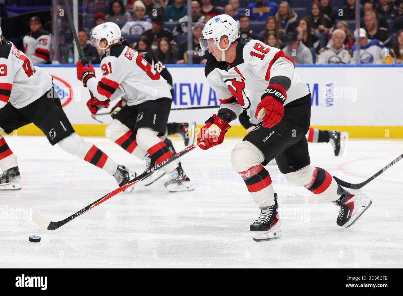 New Jersey Devils left wing Ondrej Palat (18) carries the puck upice ...