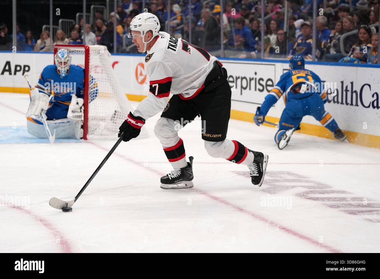 Ottawa Senators' Brady Tkachuk (7) handles the puck as St. Louis Blues ...