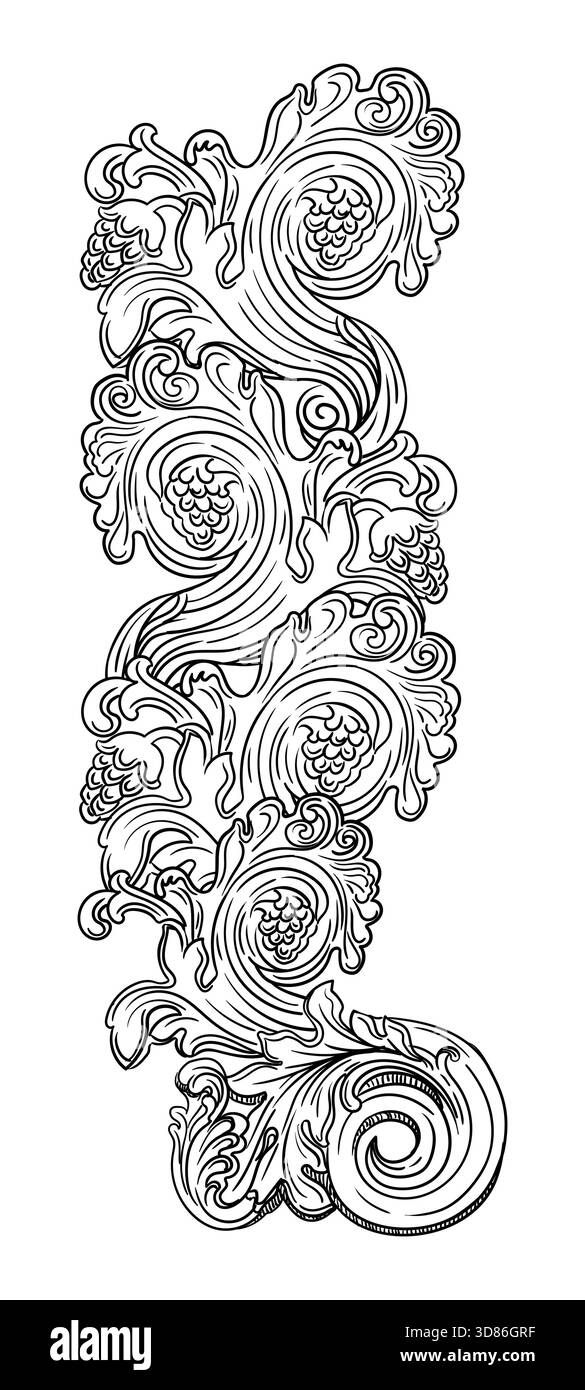 Vertical design element with grapes. Decorative twisted leaves and ...