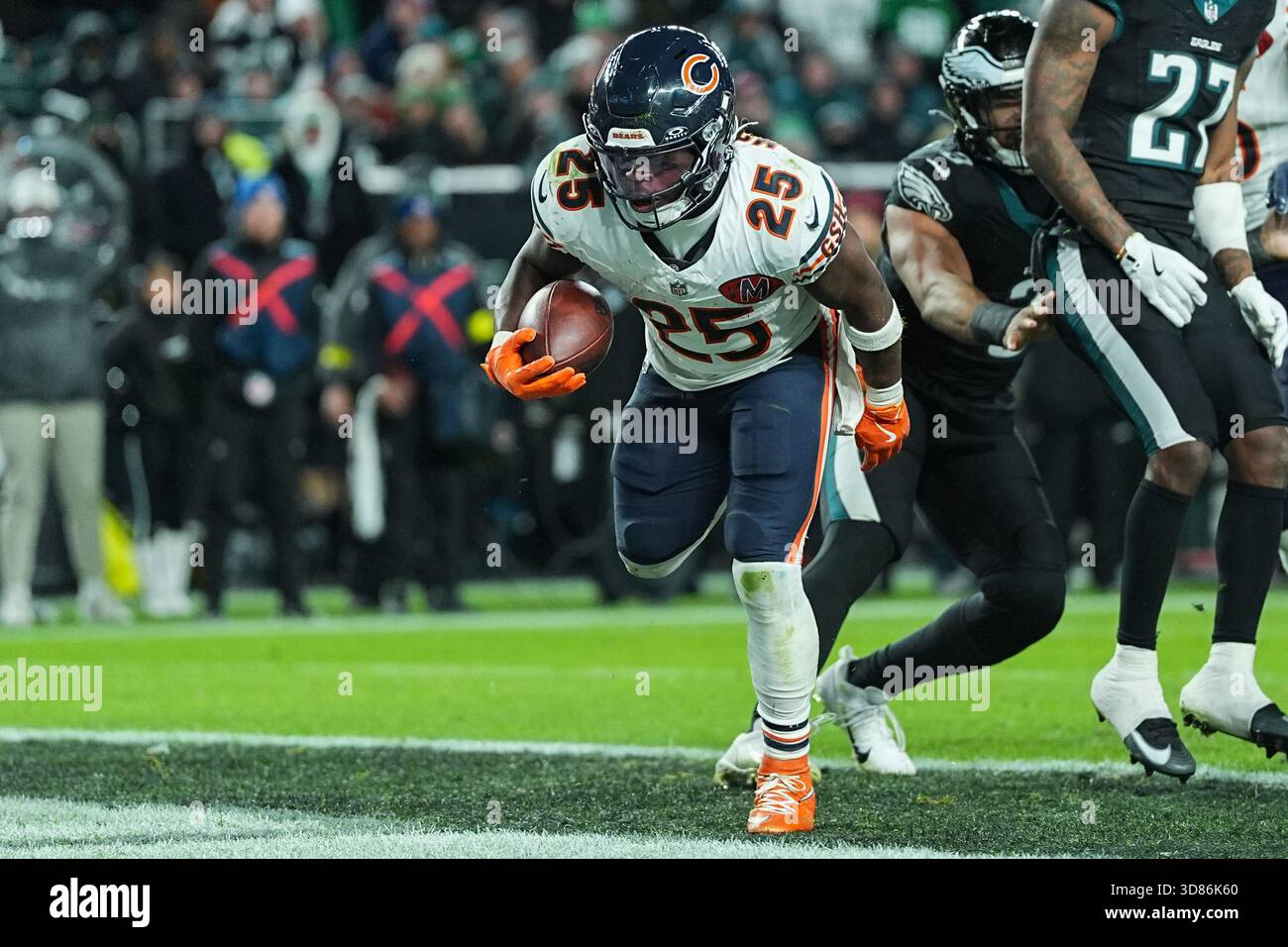 Chicago Bears running back Kyle Monangai (25) scores a touchdown during the second half of an ...