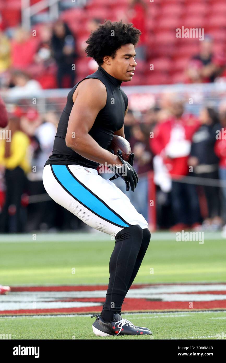 Carolina Panthers wide receiver Jalen Coker (18) warms up during an NFL ...
