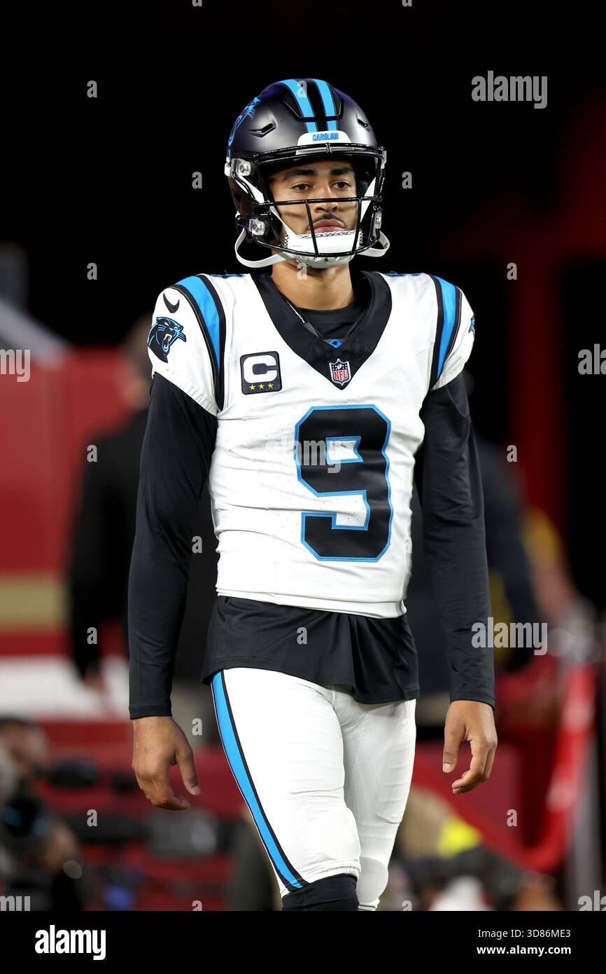 Carolina Panthers quarterback Bryce Young (9) warms up on the sideline ...