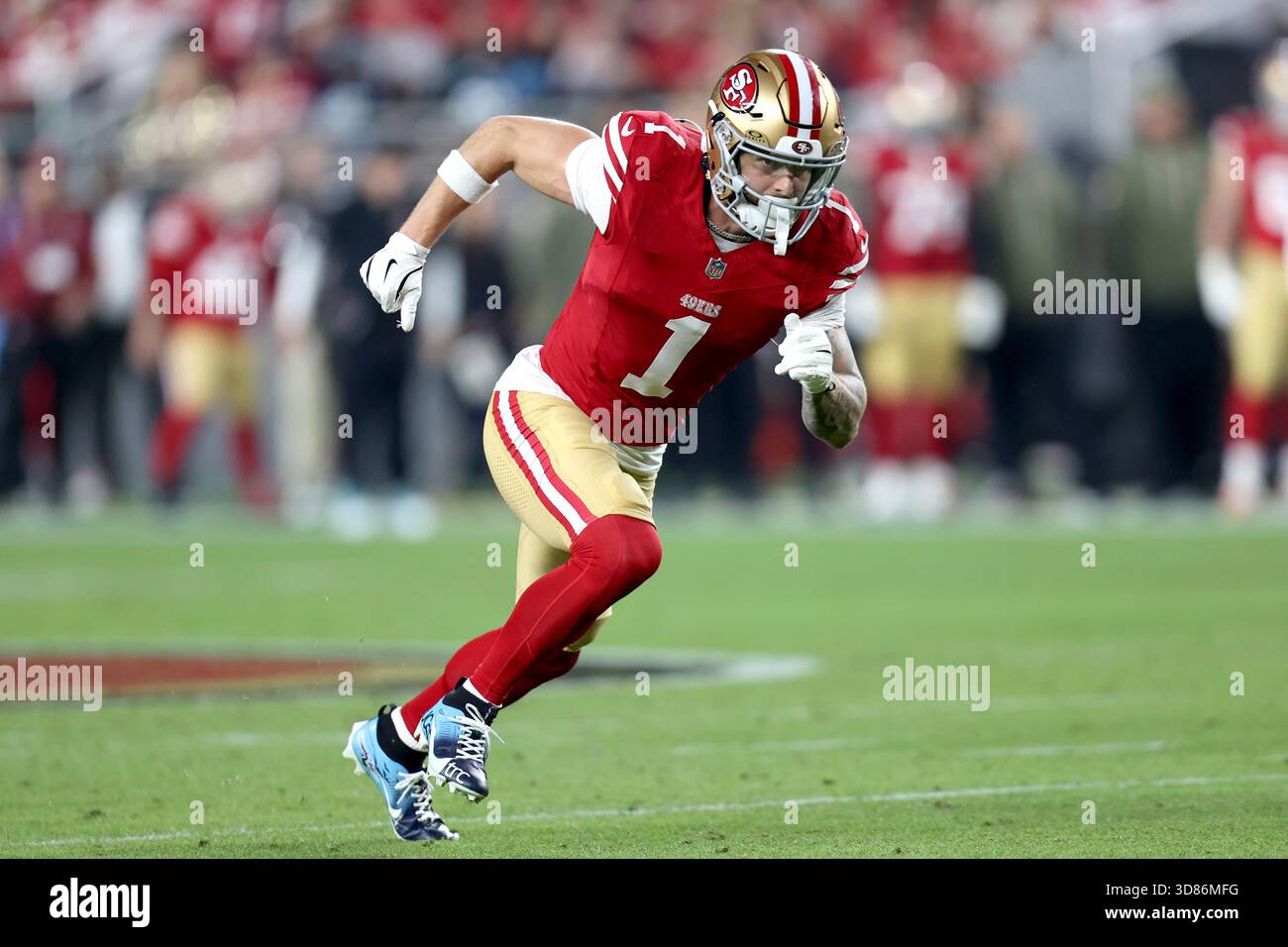 San Francisco 49ers wide receiver Ricky Pearsall (1) runs during an NFL ...