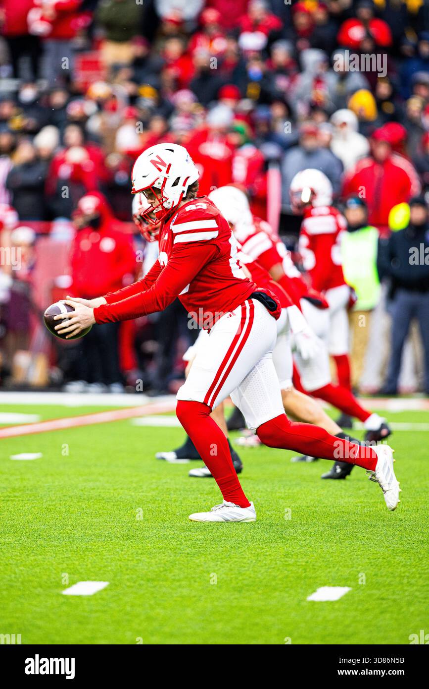 LINCOLN, NE - NOVEMBER 28: Nebraska punter Archie Wilson (83) punts the ...