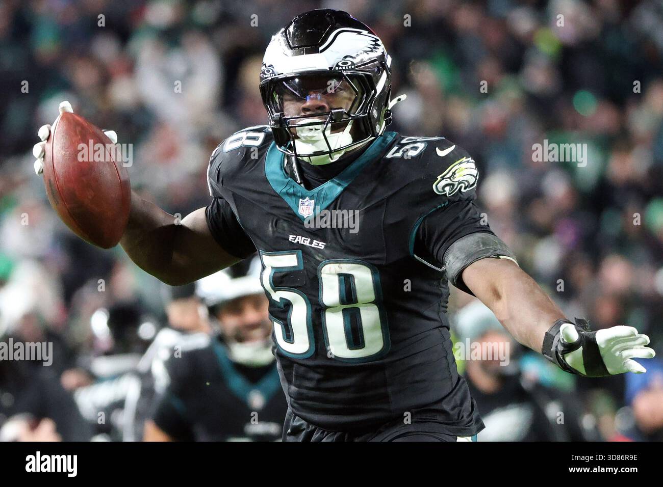 Philadelphia Eagles linebacker Jalyx Hunt (58) celebrates during an NFL ...