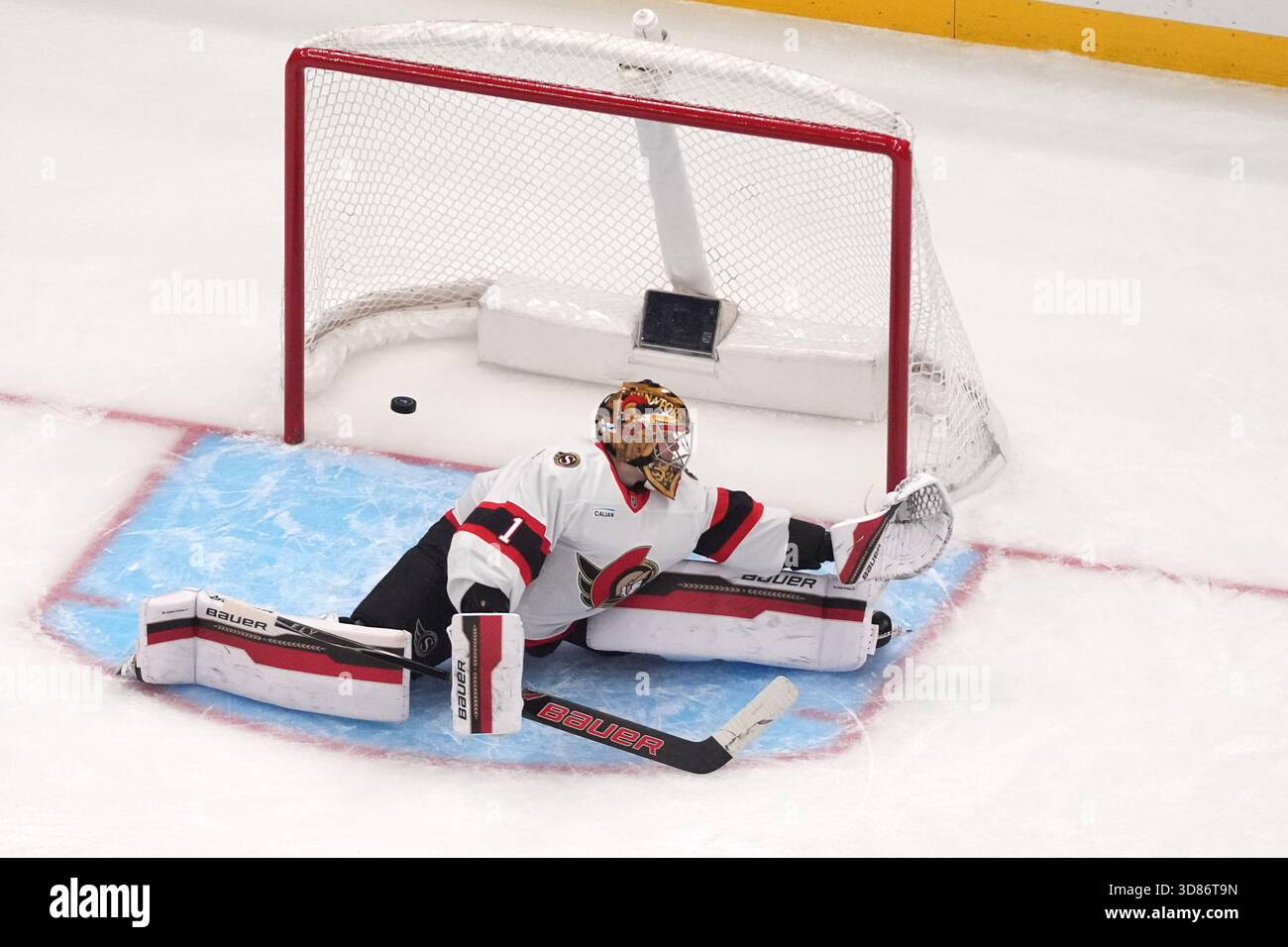 Ottawa Senators goaltender Leevi Merilainen allows a goal by St. Louis ...