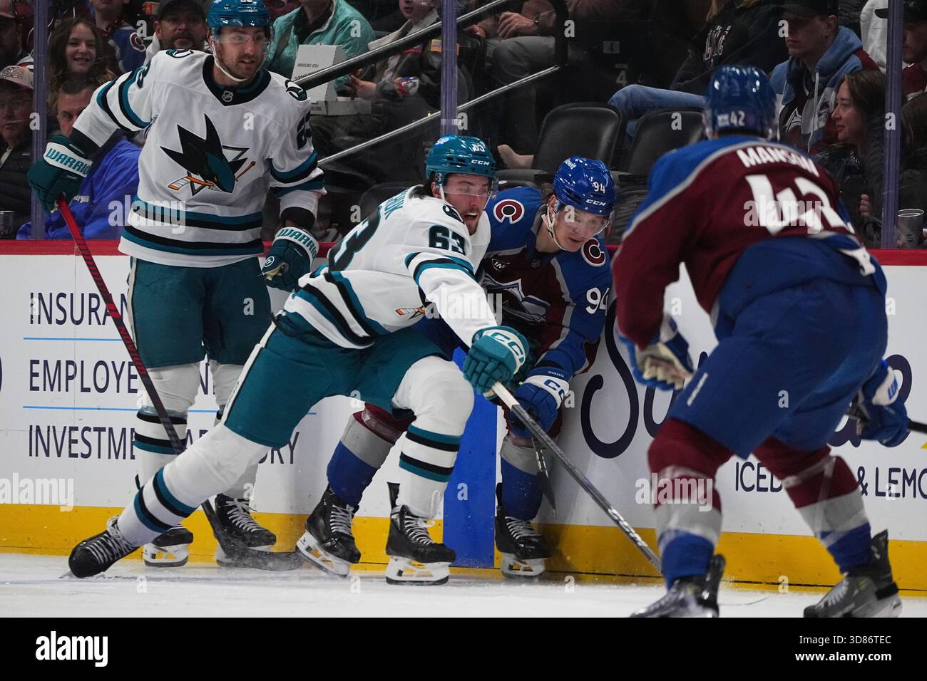 San Jose Sharks center Zack Ostapchuk (63) and Colorado Avalanche left ...