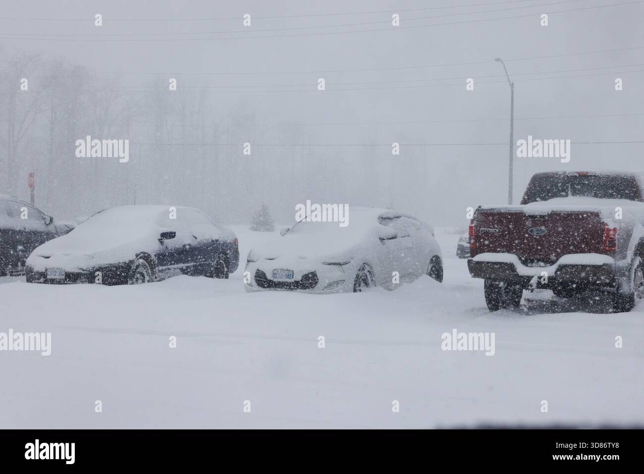 Snow accumulates on parked vehicles at a carpool lot in Innisfil, Ont ...