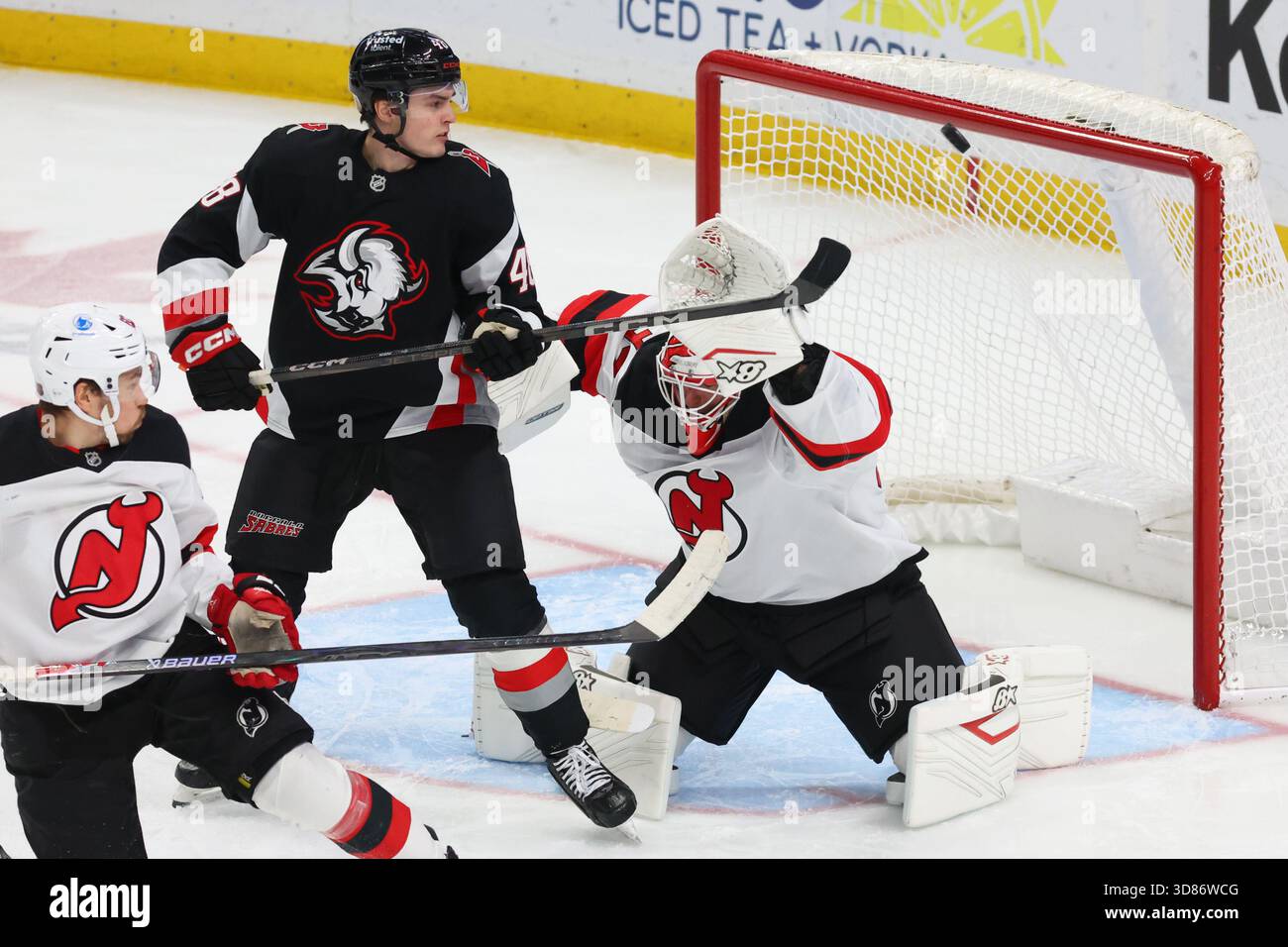 New Jersey Devils goaltender Jake Allen stops Buffalo Sabres center ...