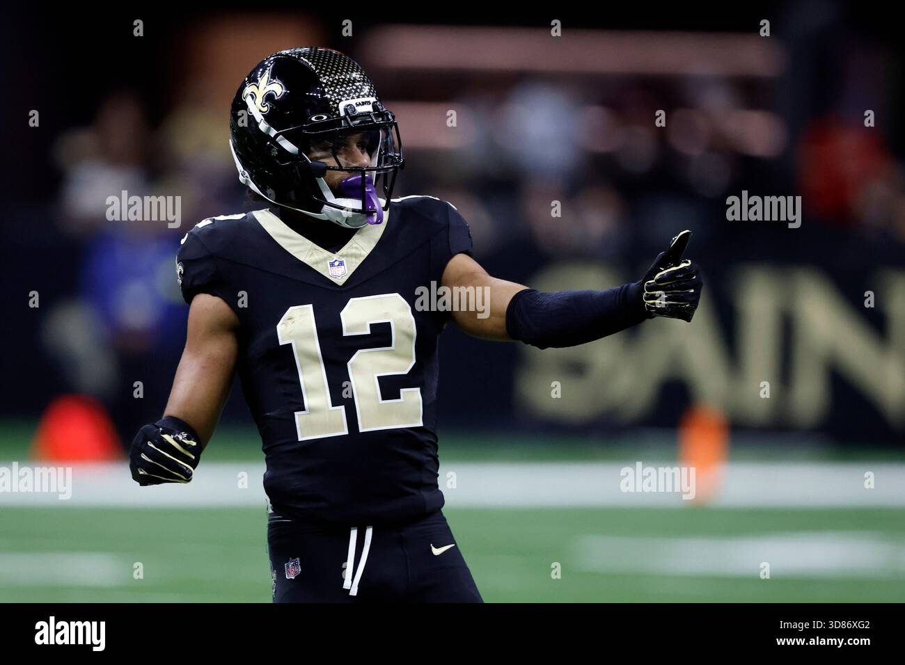 New Orleans Saints wide receiver Chris Olave lines up for a play during ...