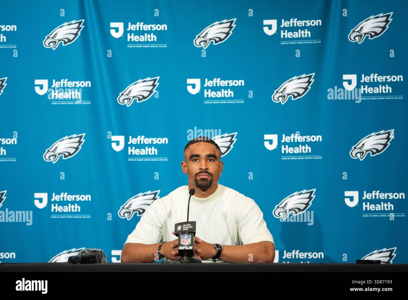 Philadelphia Eagles quarterback Jalen Hurts (1) speaks after his team's ...