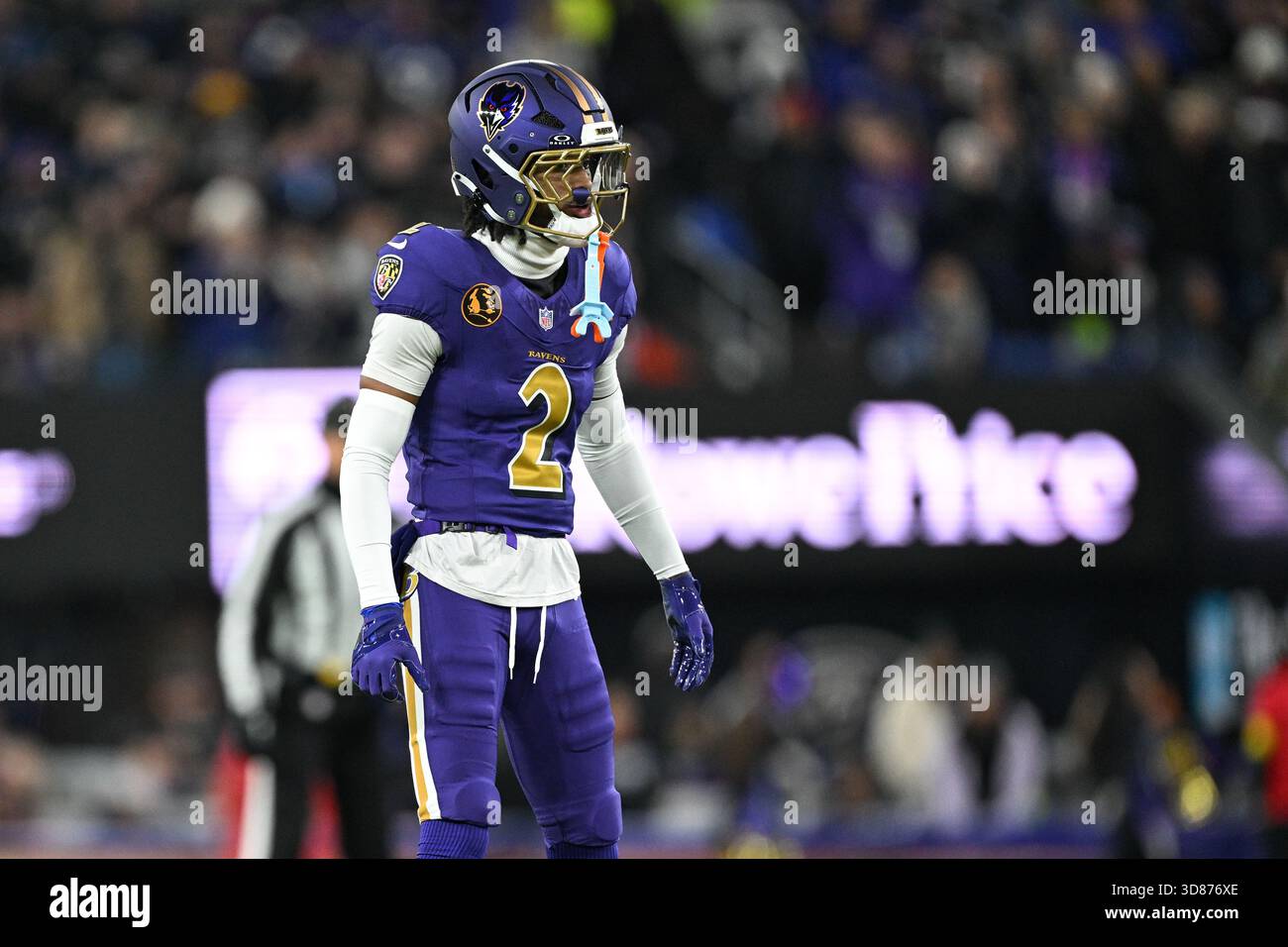 Baltimore Ravens cornerback Nate Wiggins (2) looks on between plays ...