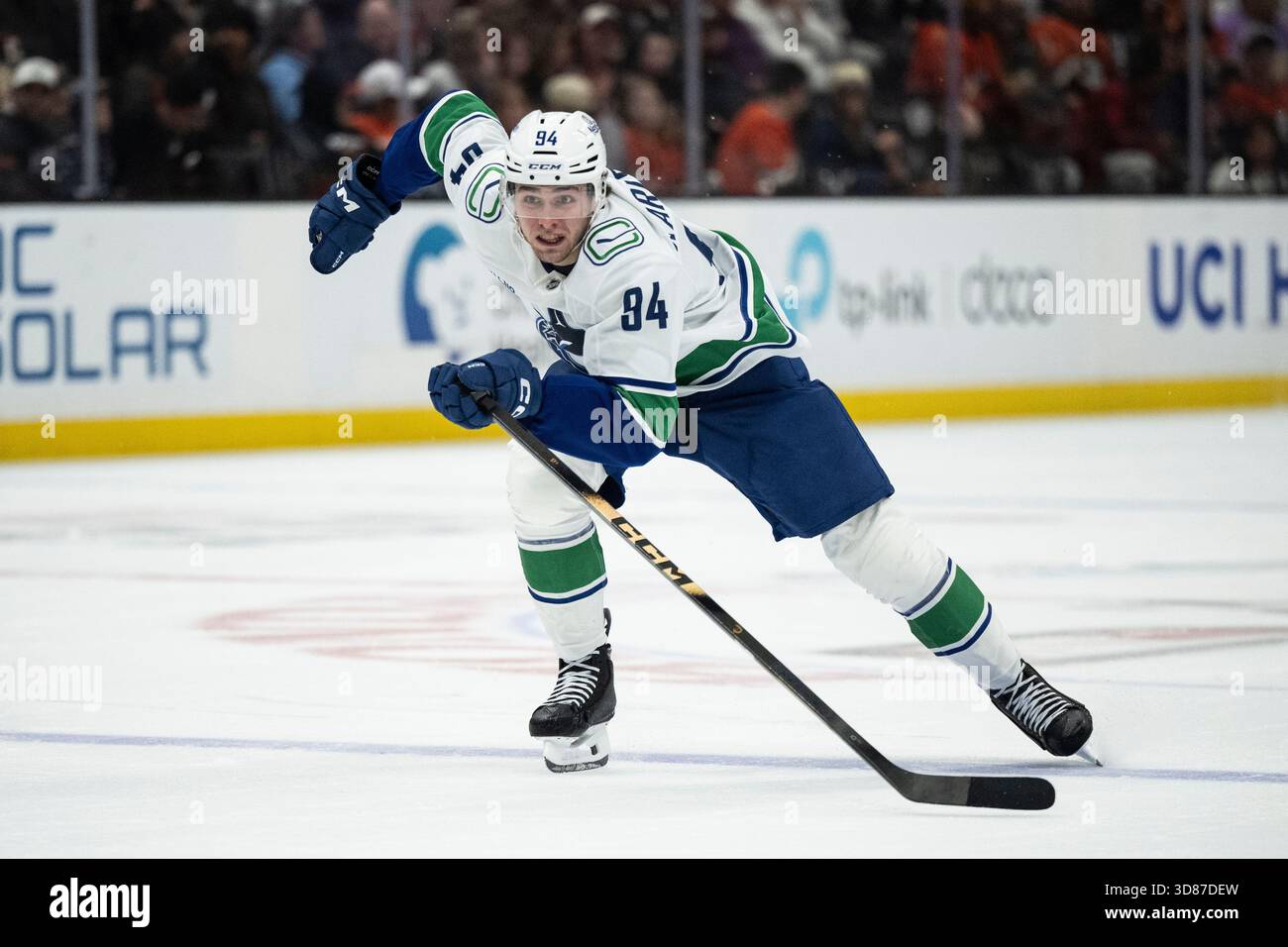 Vancouver Canucks center Linus Karlsson (94) skates during an NHL ...
