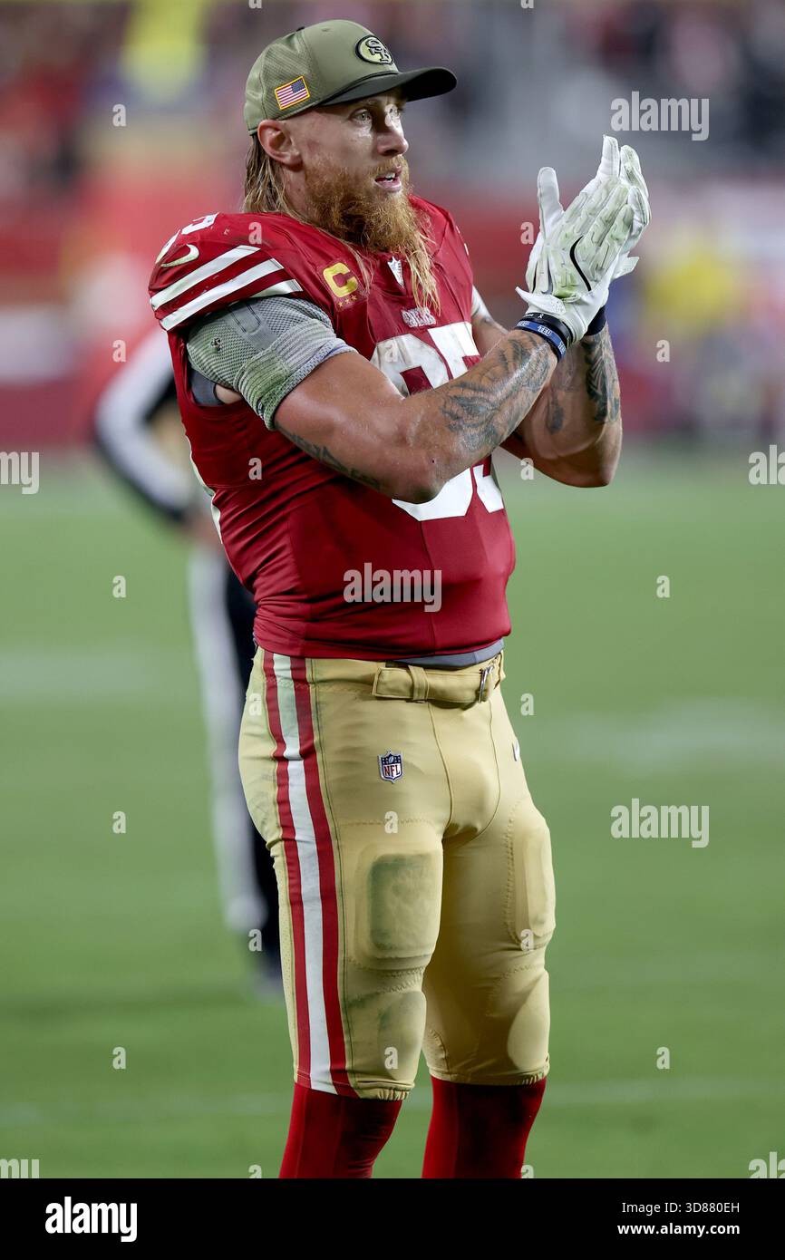 San Francisco 49ers tight end George Kittle (85) reacts on the sideline ...