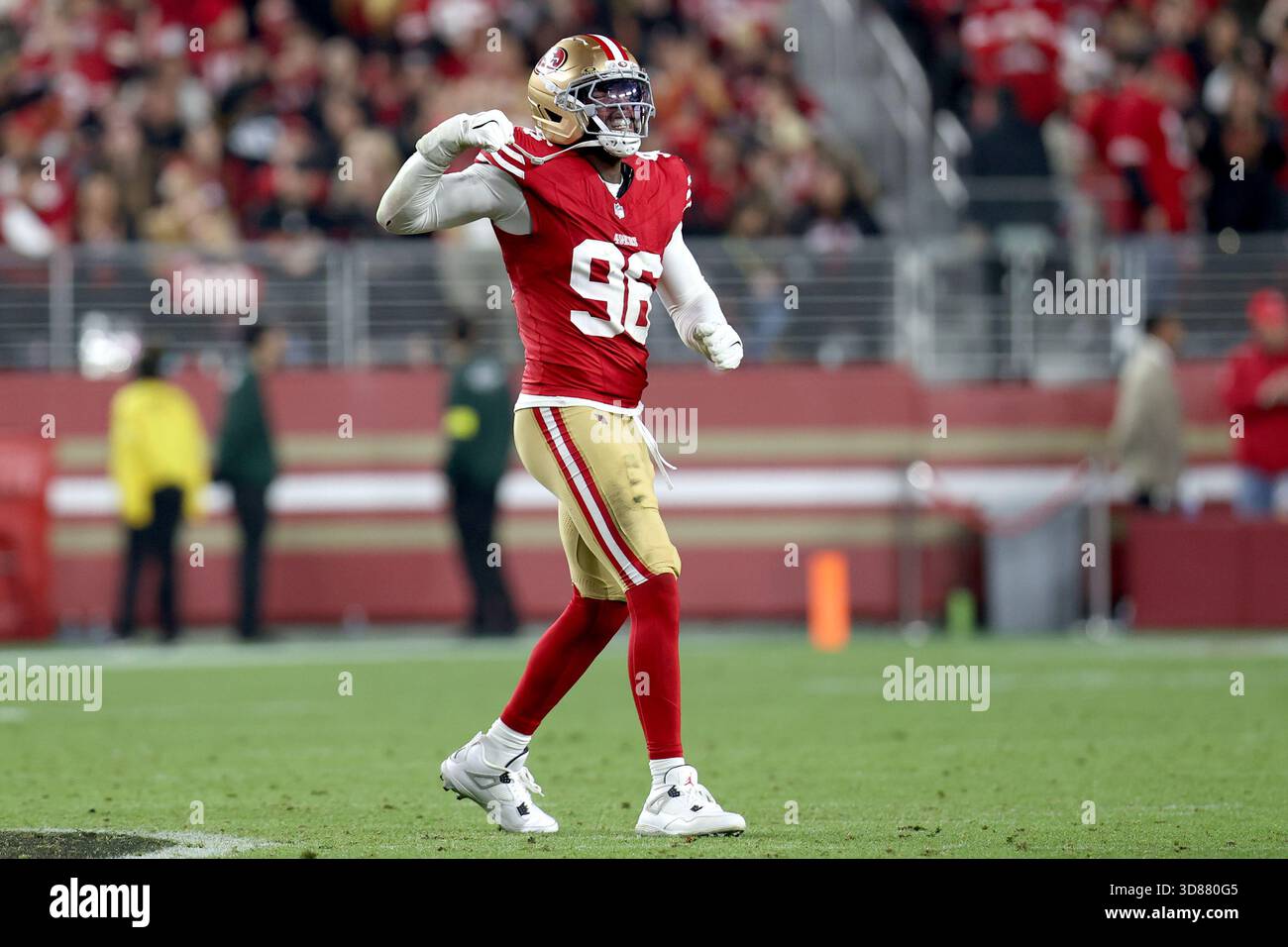 San Francisco 49ers defensive end Clelin Ferrell (96) celebrates a sack ...