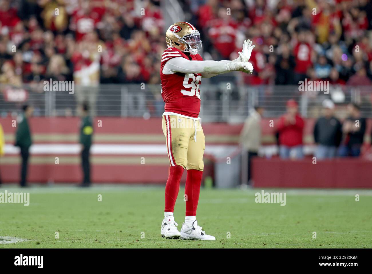 San Francisco 49ers defensive end Clelin Ferrell (96) celebrates a sack ...