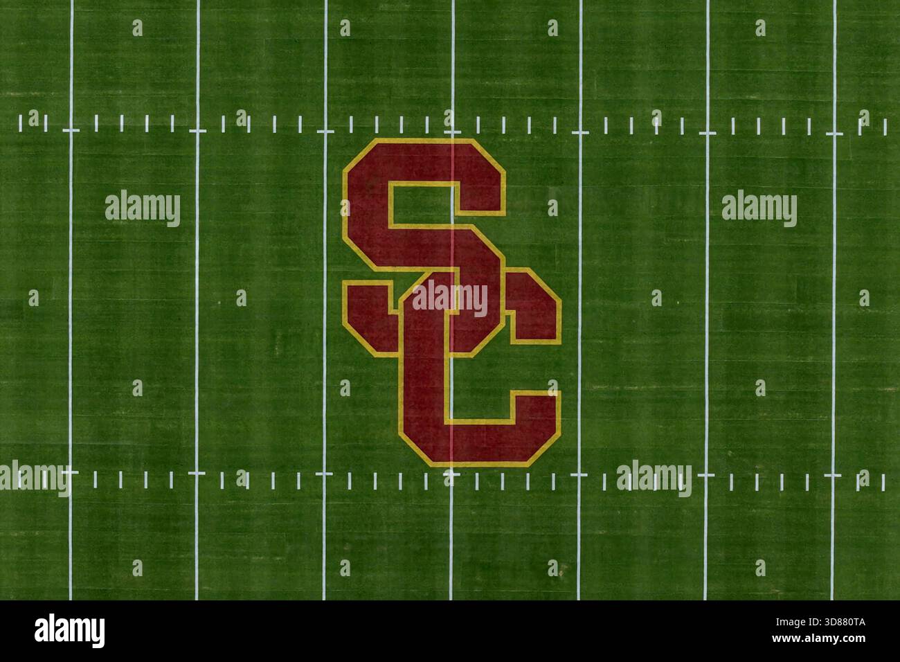 A general overall aerial view of the USC Trojans logo at midfield at ...