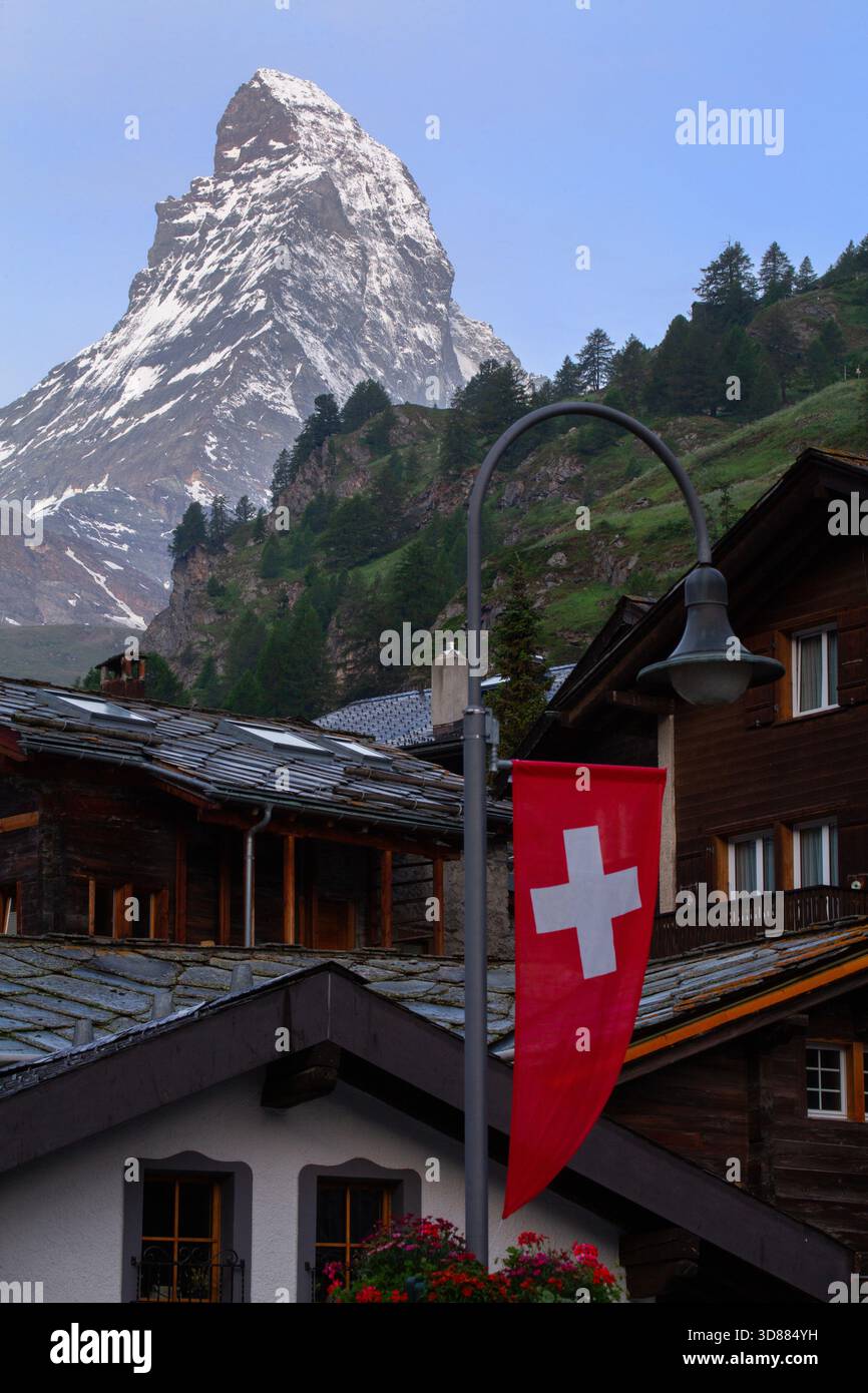 Vertical view of the iconic Matterhorn seen from Zermatt, Switzerland ...
