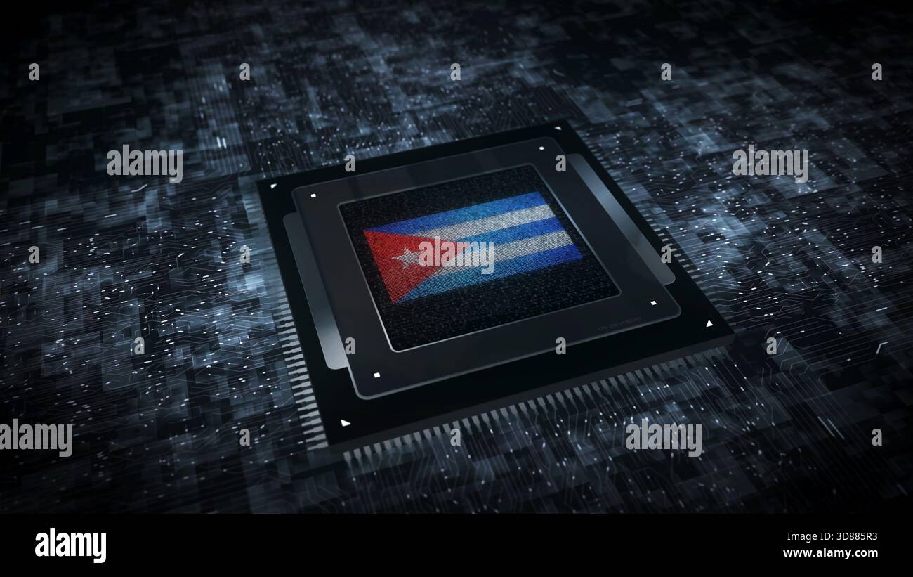 Cuba digital technology flag cyber on on computer CPU in background ...