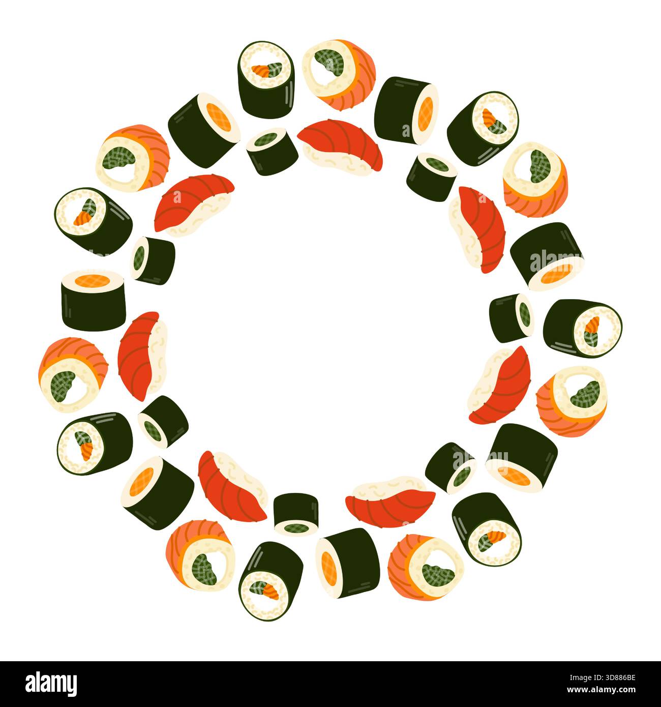 A vibrant assortment of sushi pieces is creatively arranged in a ...