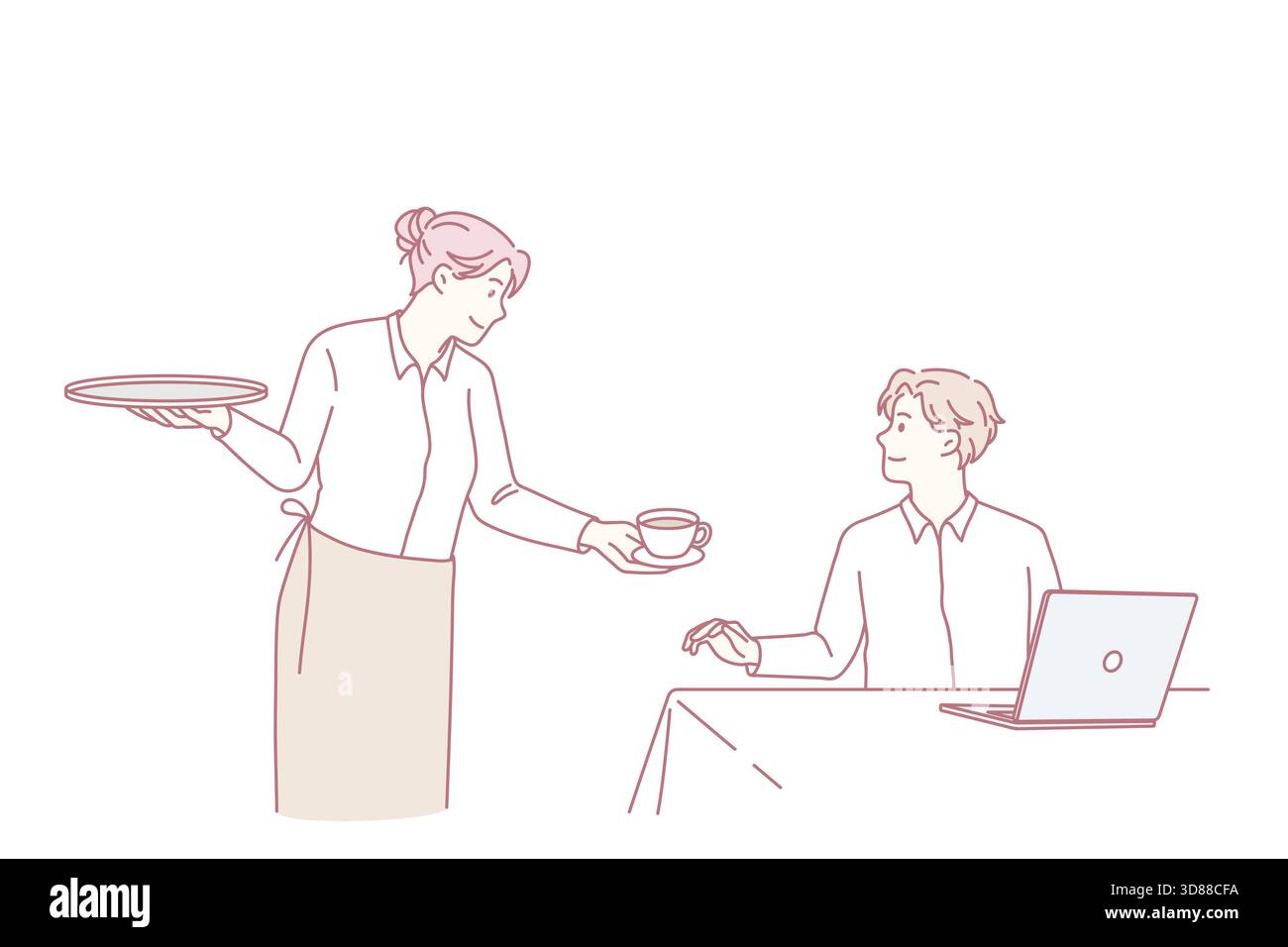 Smiling waitress serving coffee to male client in coffeeshop. Happy guy ...