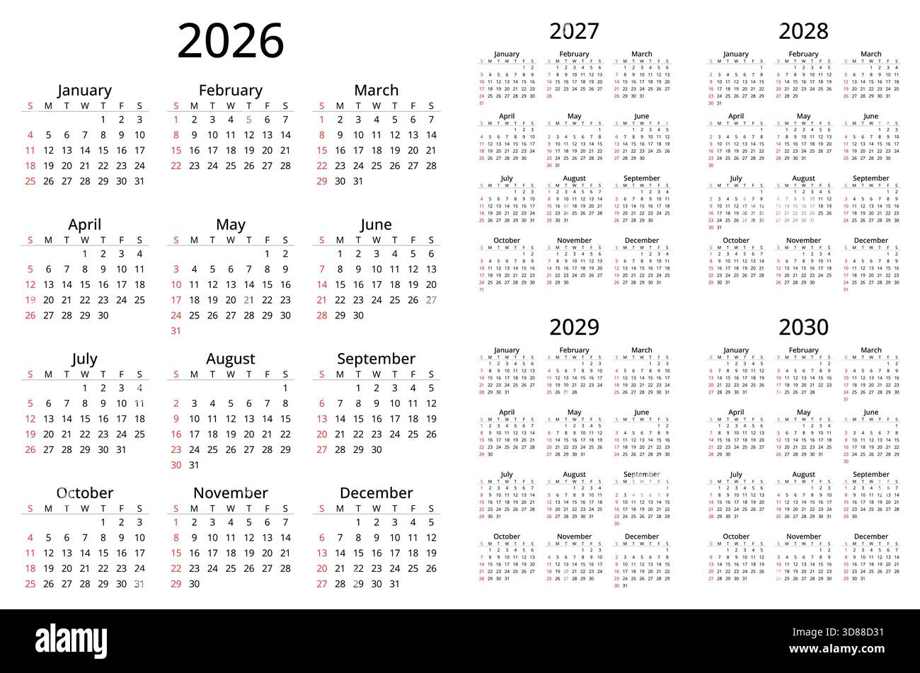 2026, 2027, 2028, 2029, 2030 years english calendars with 12 months ...