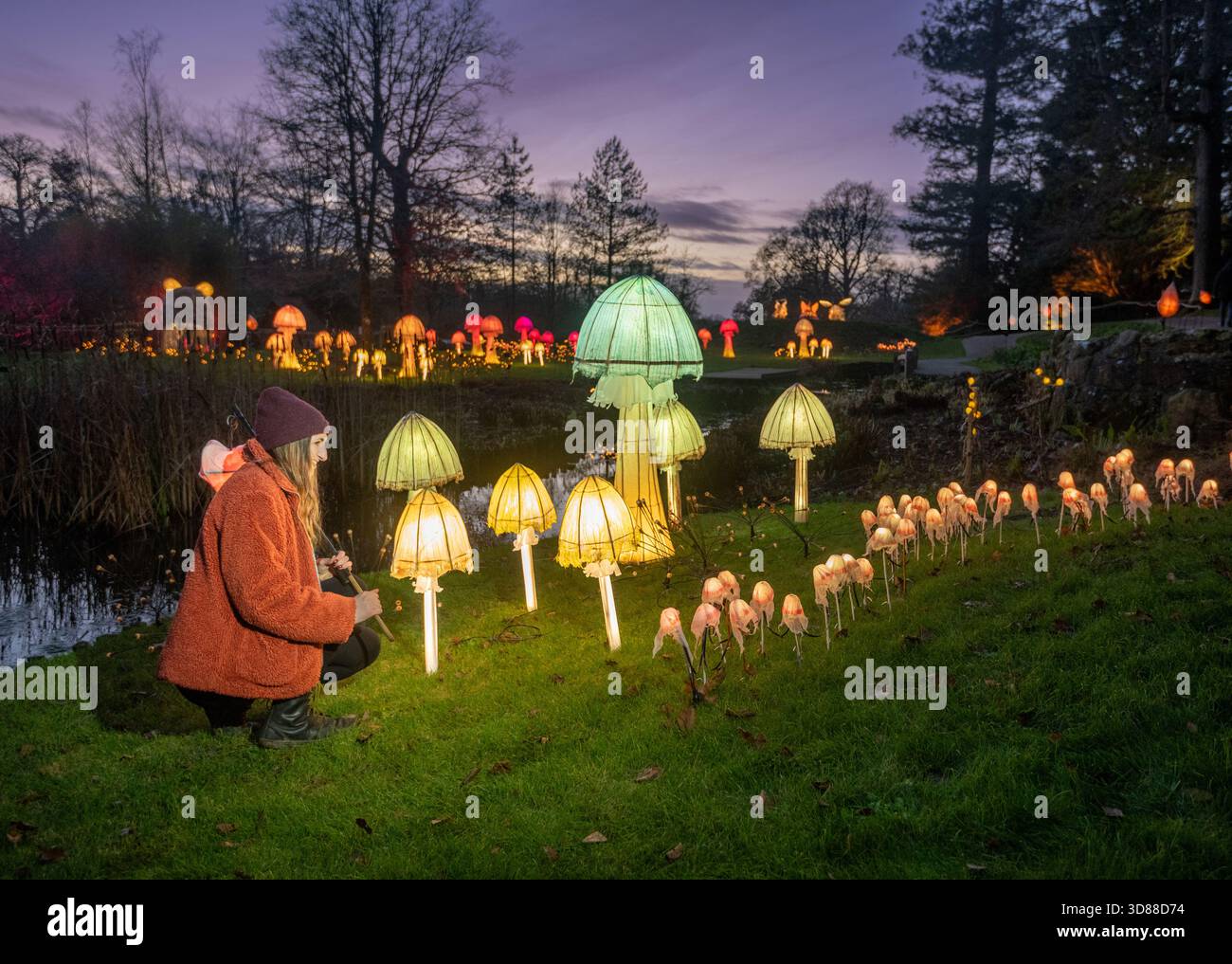 A visitor looks at a field of illuminated lanterns and installations ...