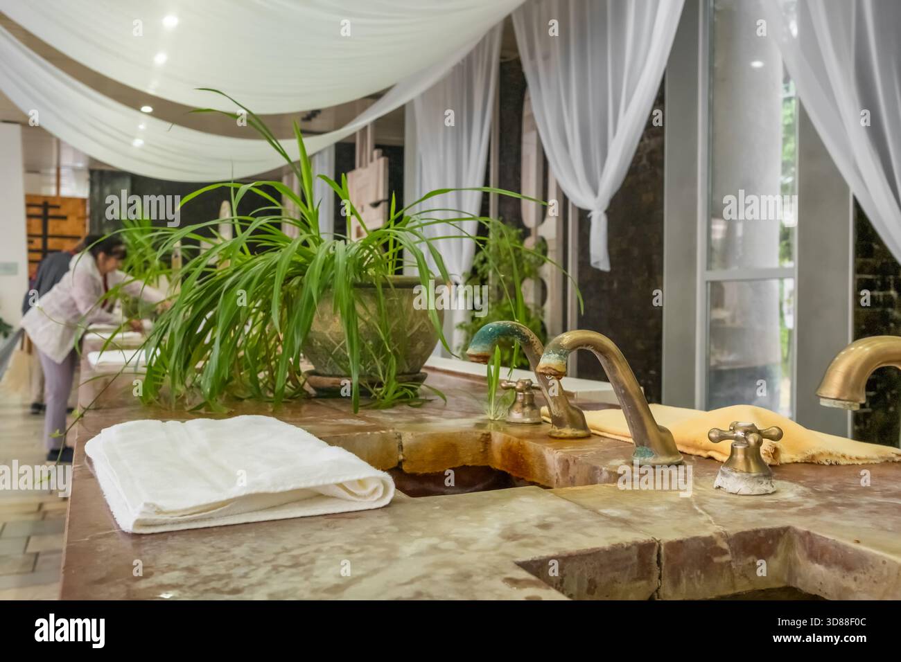 Tap with natural mineral water in the renowned spa town of Bardejovske ...