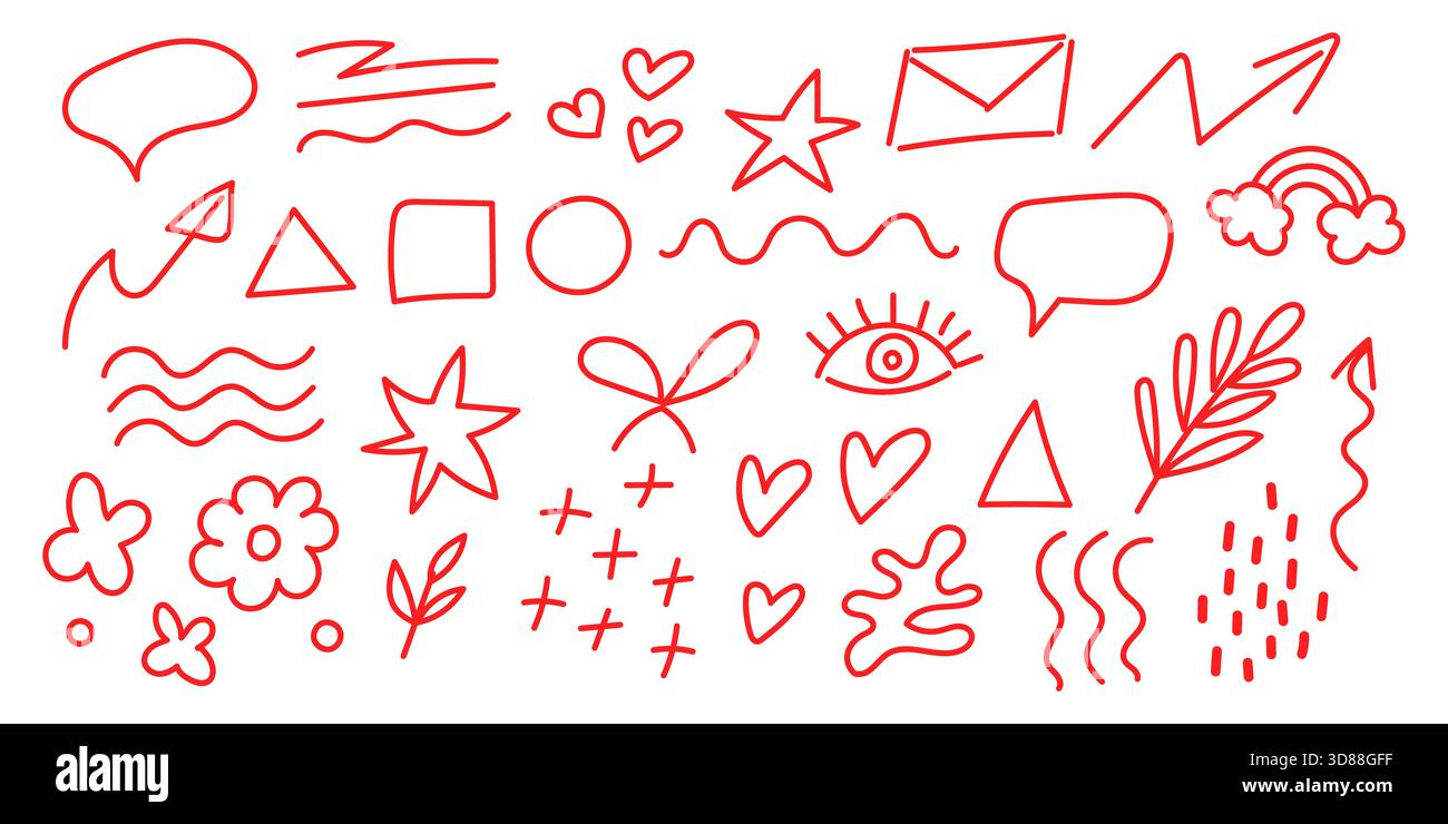 The artwork displays a collection of red doodles including hearts ...