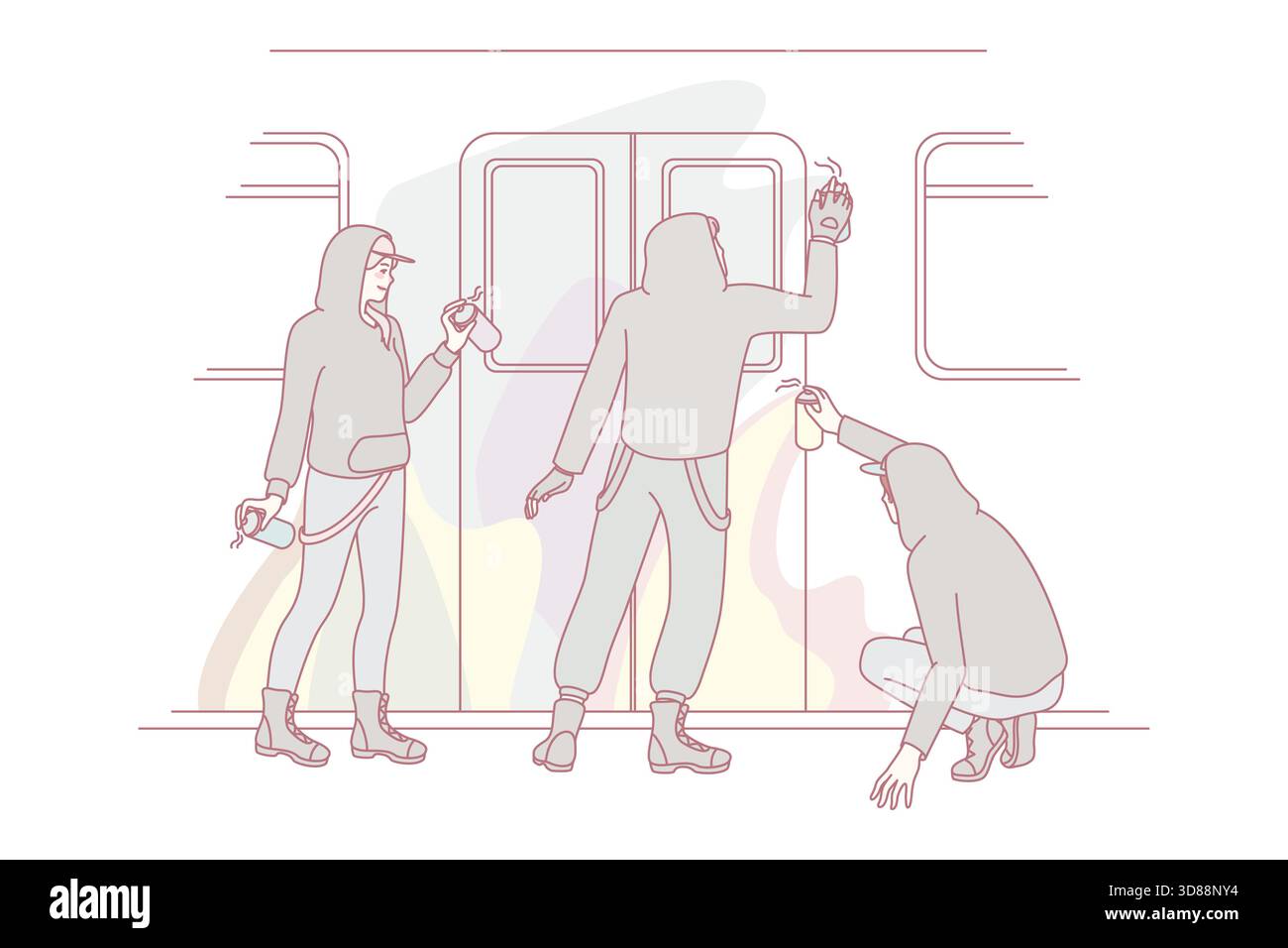 People painting subway train with graffiti. Vandals drawing subculture ...