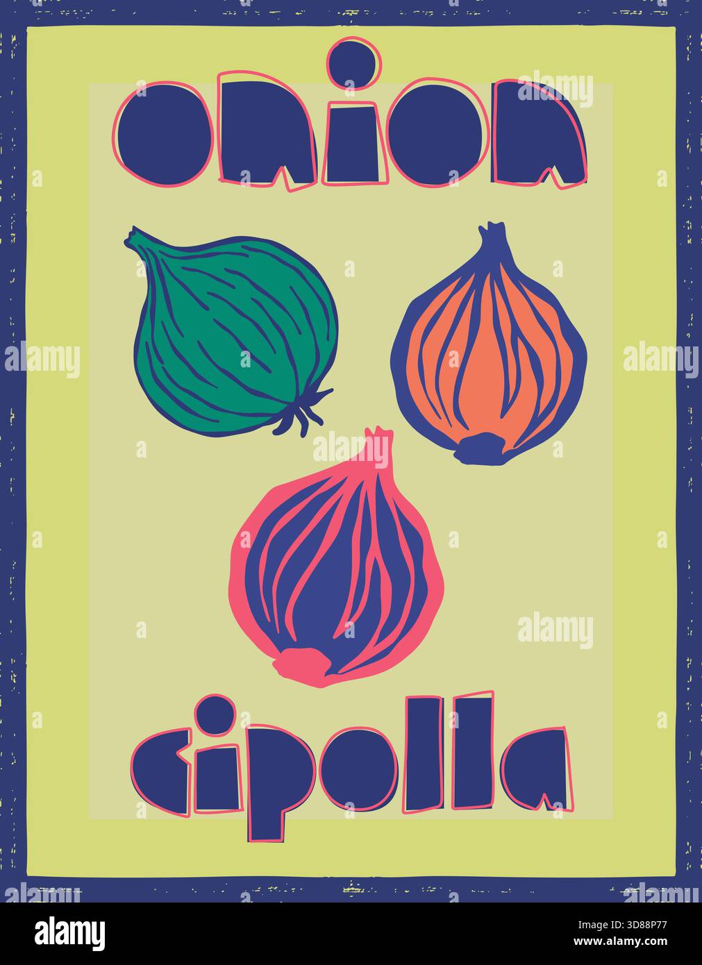 Colorful poster design with three onions and text onion cipolla Stock ...
