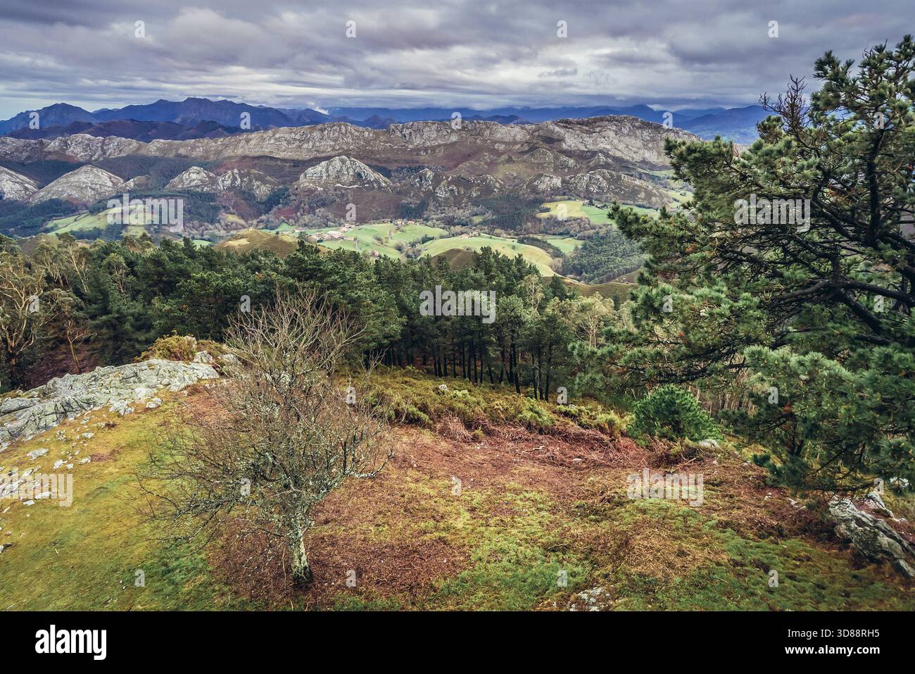 Aerial view from Fito viewing point in Sierra del Sueve limestone ...
