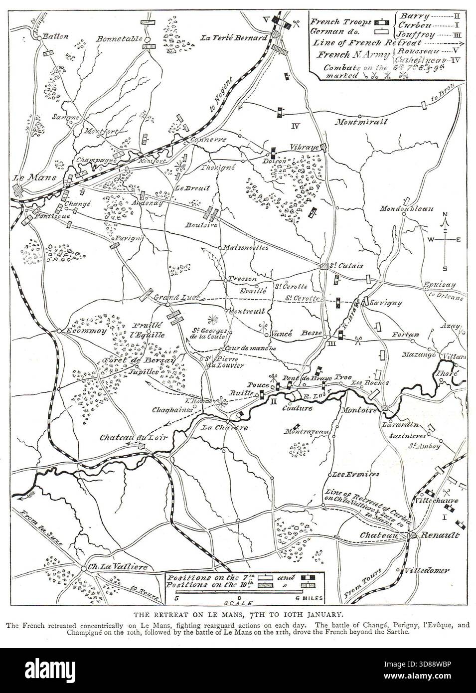 Map showing the French retreat on Le Mans, 7-10 January 1871, during ...