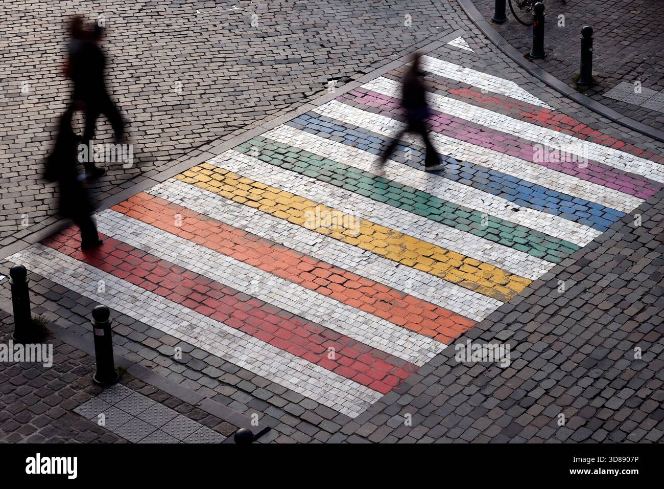 A rainbow crosswalk visible in front of the EU Parliament in Brussels ...