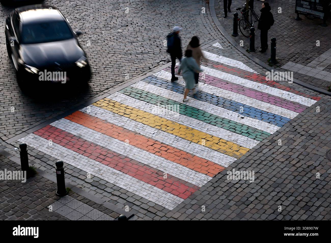 A rainbow crosswalk visible in front of the EU Parliament in Brussels ...