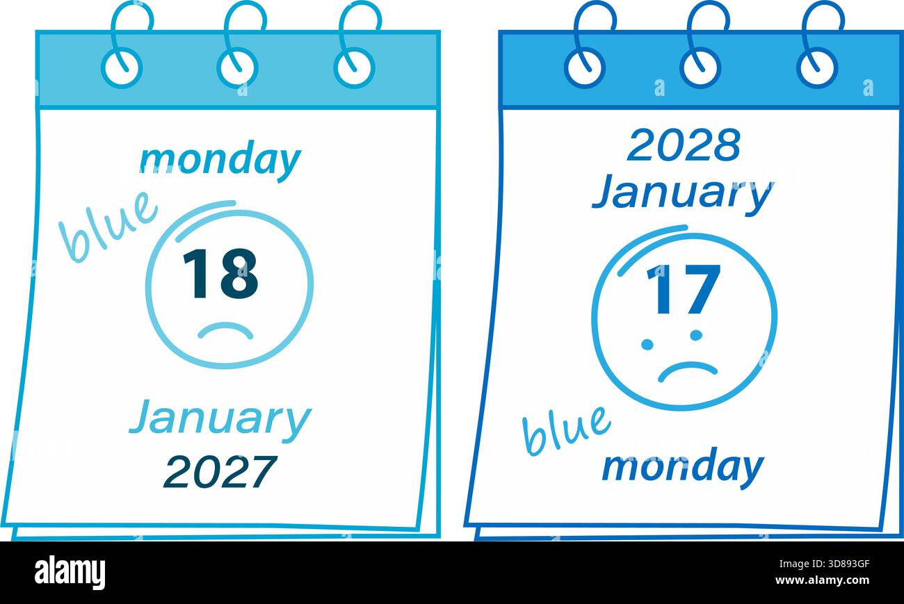 Blue Monday Date 2027 and 2028 on Calendar Pages with Text Blue and ...