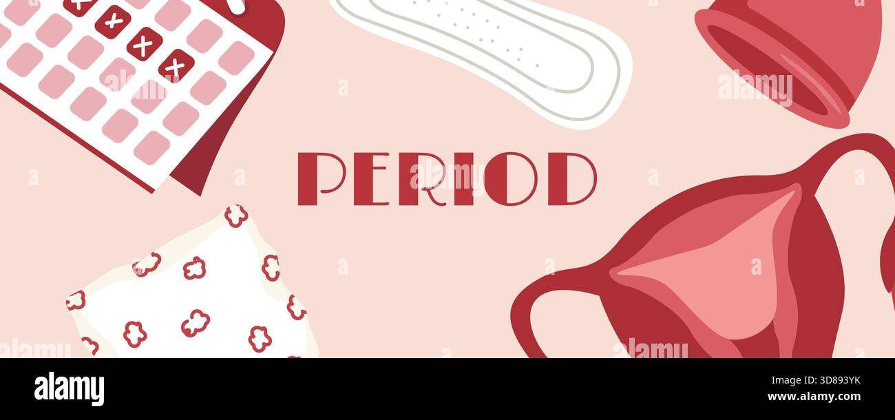 Women period banner with elements: uterus,calendar,sanitary pads ...