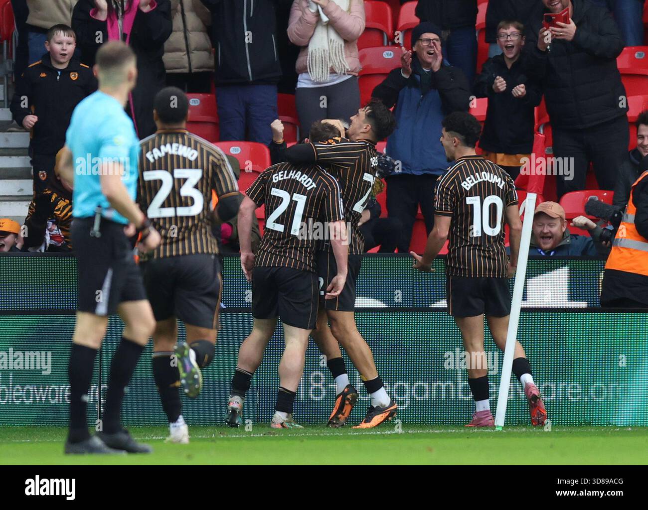 Hull City's Joe Gelhardt (centre, left) celebrates scoring their side's ...