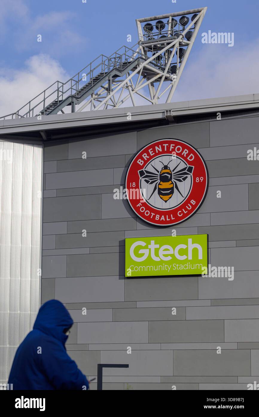 General view outside Gtech Community Stadium of the Brentford logo ...