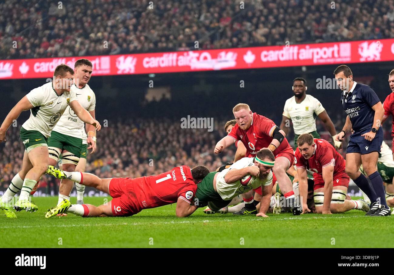 South Africa's Gerhard Steenkamp scores their side's first try of the ...
