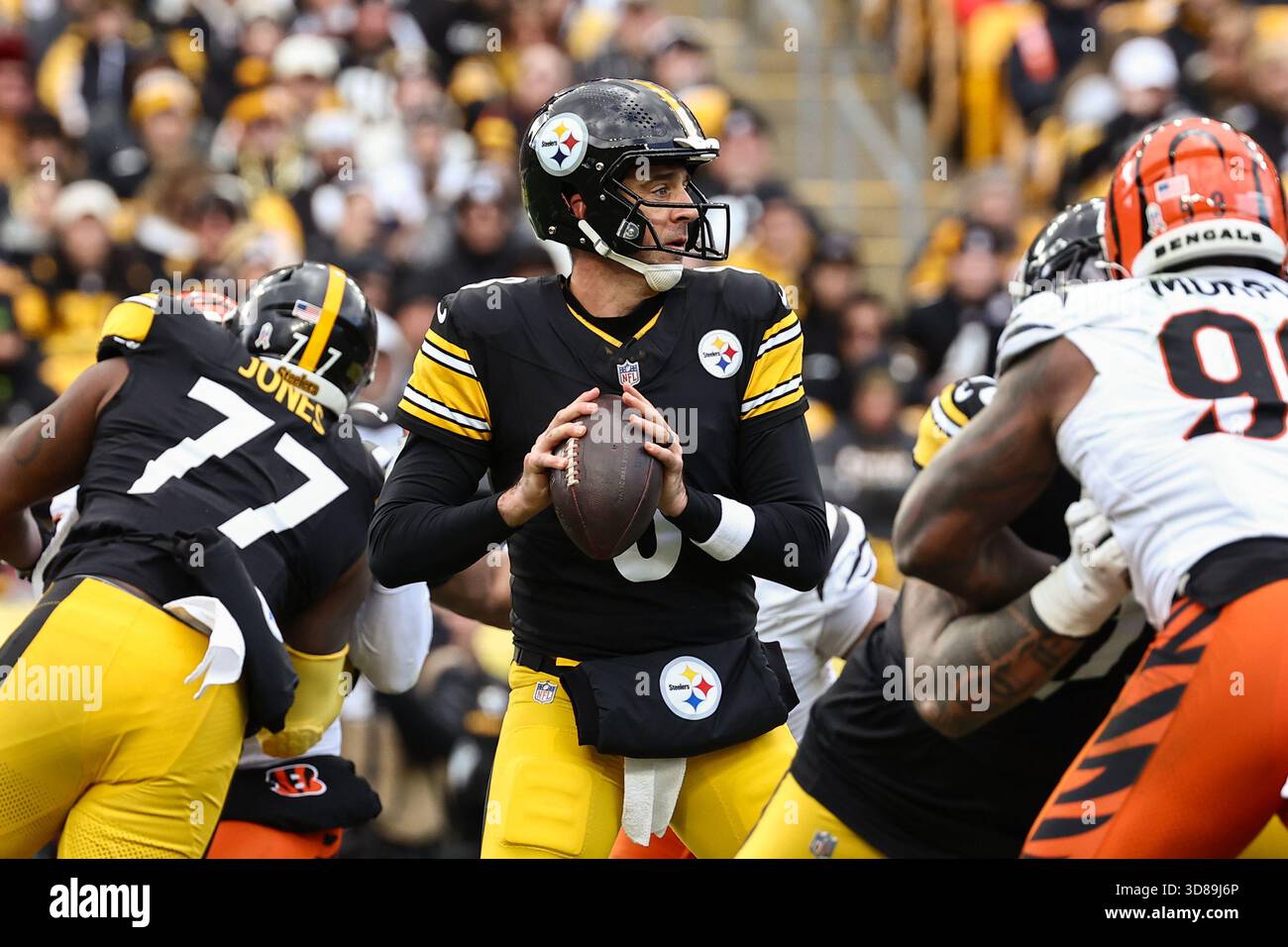 Pittsburgh Steelers quarterback Aaron Rodgers drops back against the ...
