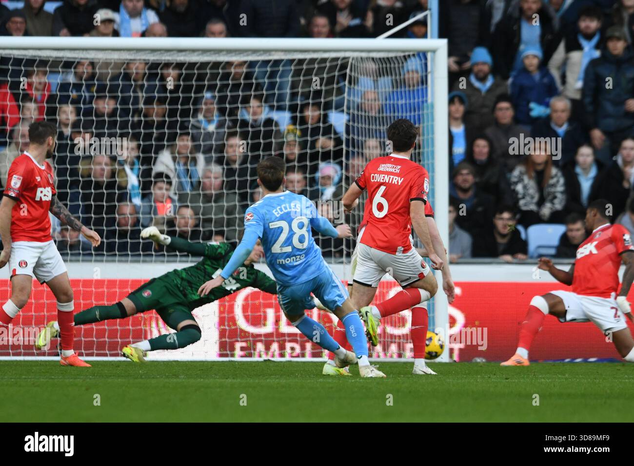 Coventry, England. 29th Nov 2025. Josh Eccles scores during the Sky Bet ...
