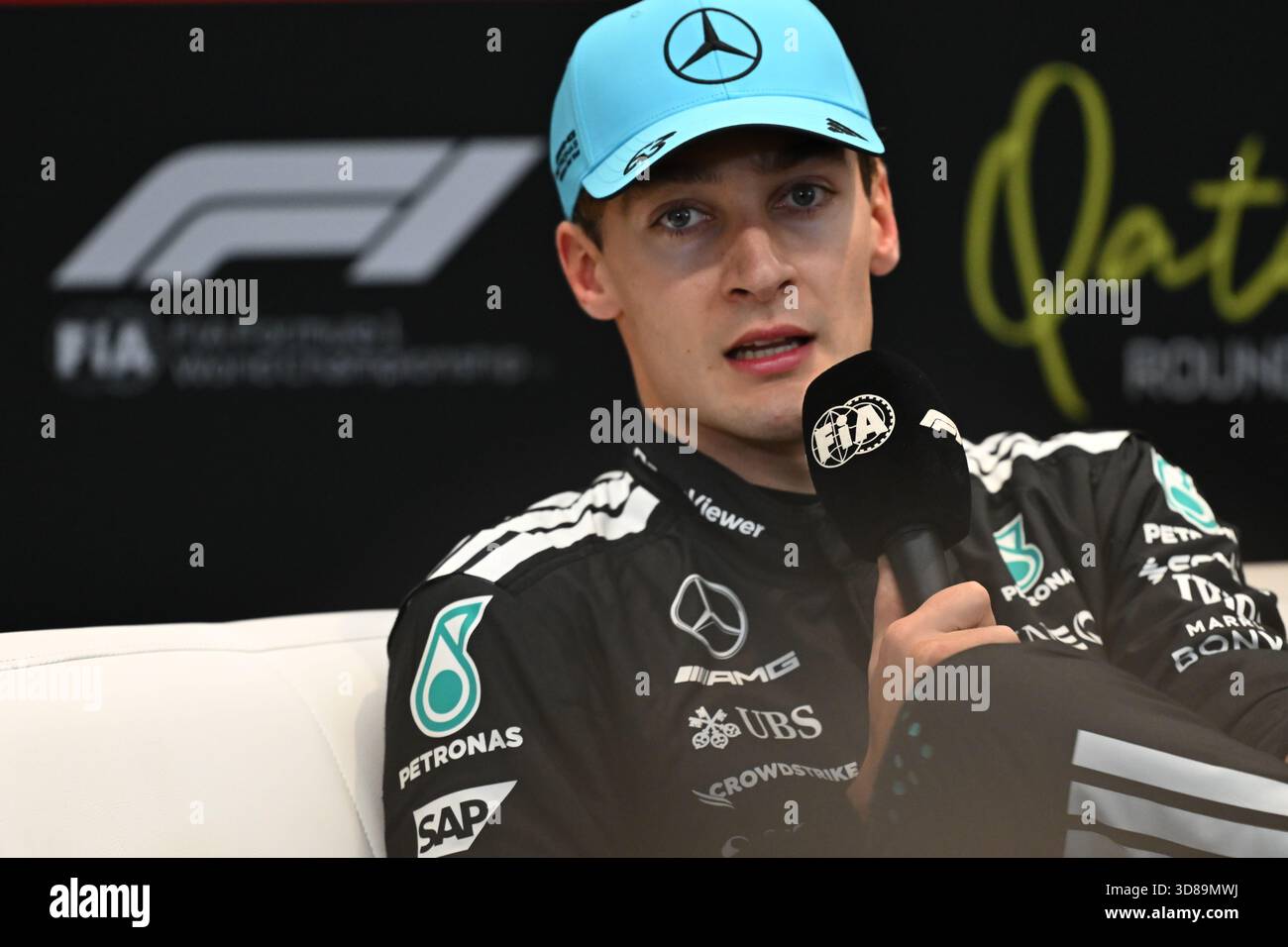 Mercedes racing driver George Russell post race press conference after ...