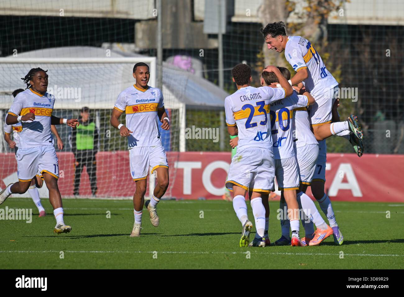 Lecce's players celebrate scoring their team first goal during the ...