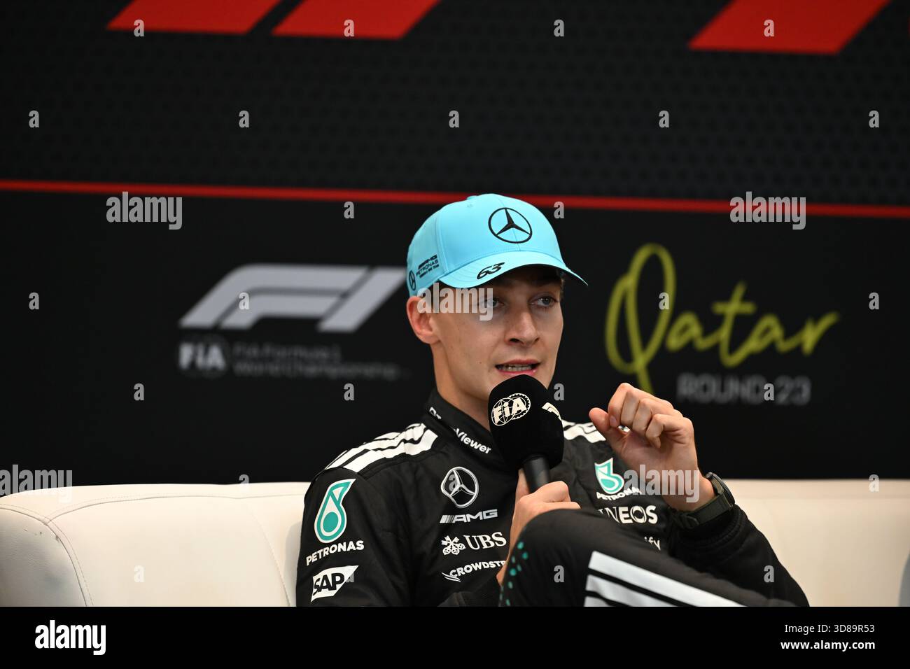 Doha, Qatar. 27th Nov, 2025. Mercedes racing driver George Russell post ...