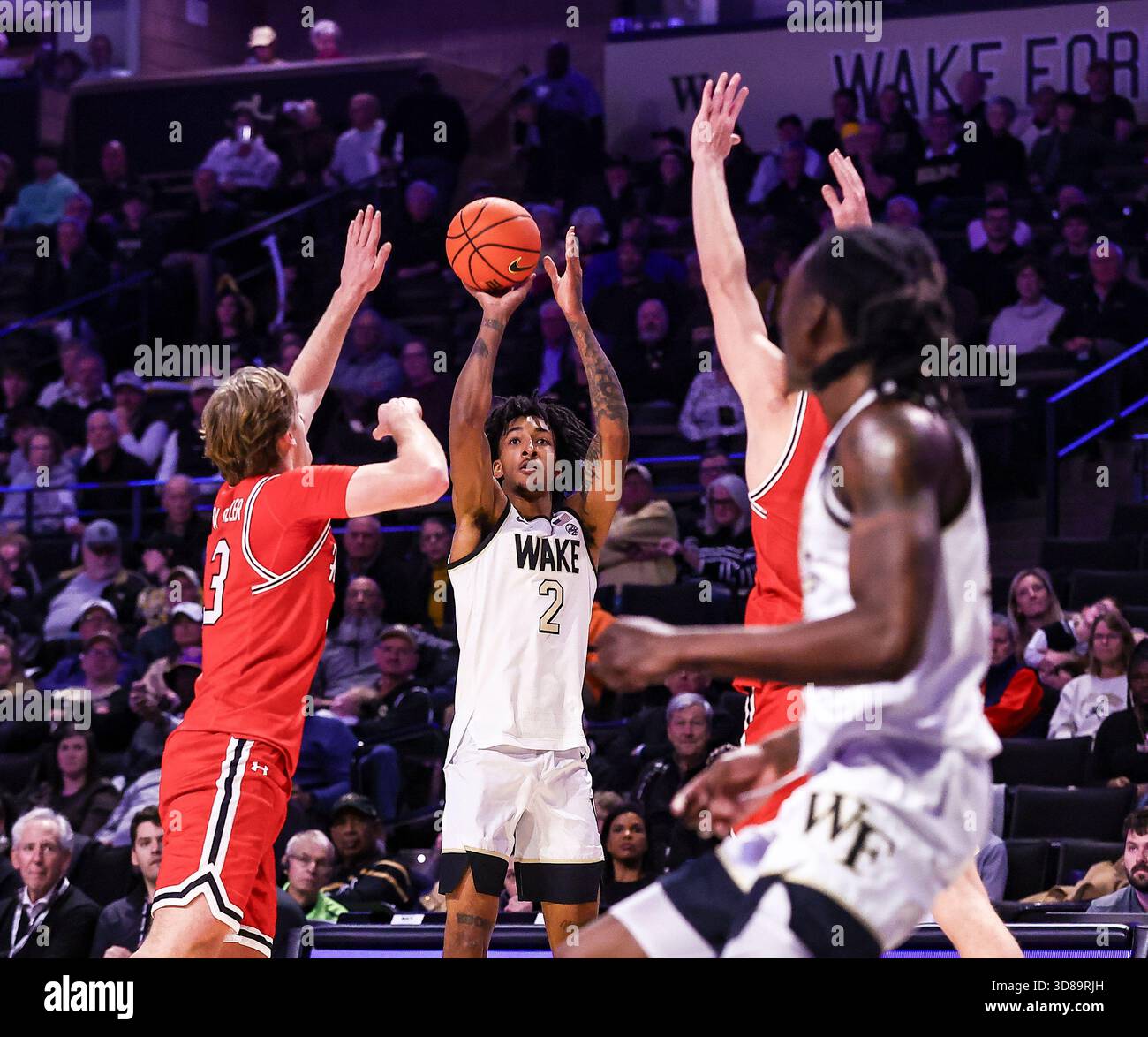 November 28, 2025: Wake Forest guard Juke Harris (2) shoots a 3 point shot. NCAA basketball game ...