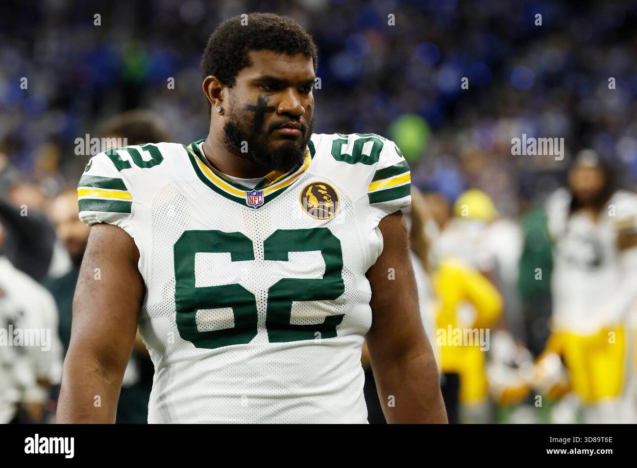 Green Bay Packers center Jacob Monk (62) on the sideline against the ...