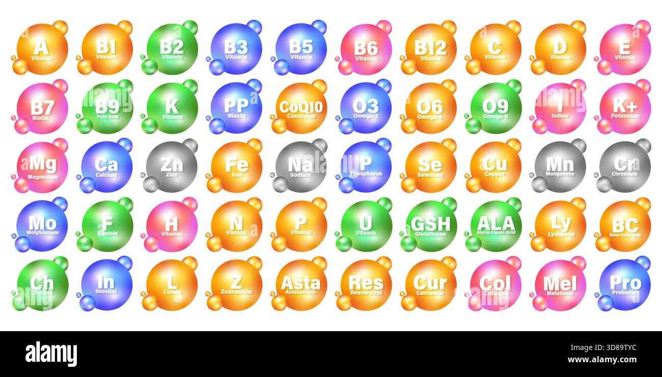 Vitamin complex set. Colorful spheres icons. Health collection Vector ...